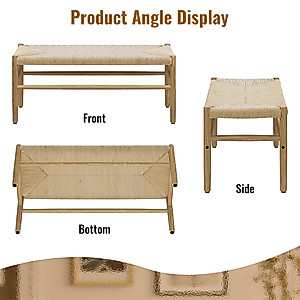 Recaceik Indoor Entryway Bench with Paper Cord Ottoman, Mid-Century Long Bench with Rubber Wood Legs, French Vanity End Bed Bench for Bedroom Living Room Channel