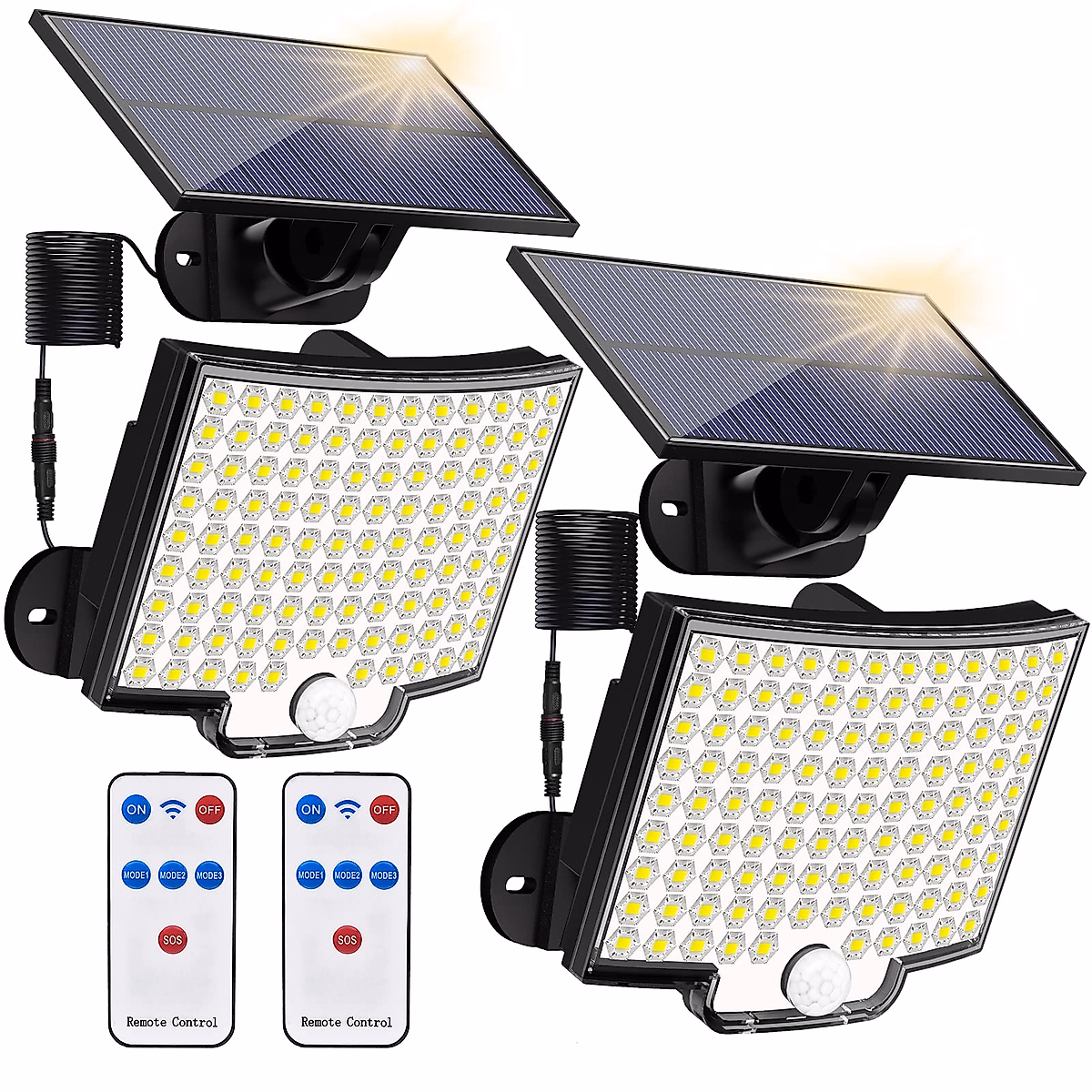 Solar Lights Outdoor, 106 LED 3000LM Solar Powered Motion Sensor Flood Lights with Remote, Dusk to Dawn Led Solar Security Wall Lights with 16.5Ft Cable IP65 Waterproof for Outside, Garage, 2 Pack