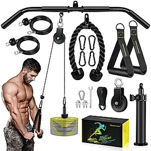 VAVOSPORT Fitness LAT and Lift Pulley System Gym - Upgraded LAT Pull Down Cable Machine Attachments, Loading Pin, Handle and Tricep Rope, for Biceps Curl, Forearm, Triceps Exercise Gym Equipment