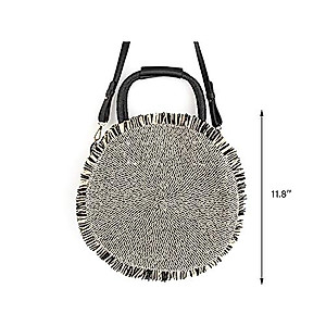 QTKJ Hand-Woven Round Straw Shoulder Bag Summer Beach Straw Tassel Big Tote Bag Crossbody with Removable Leather Shoulder Strap (Black)