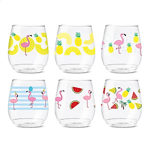 TOSSWARE POP 14oz Vino Let's Fla-mingle Series, SET OF 6, Premium Quality, Recyclable, Unbreakable & Crystal Clear Plastic Printed Glasses