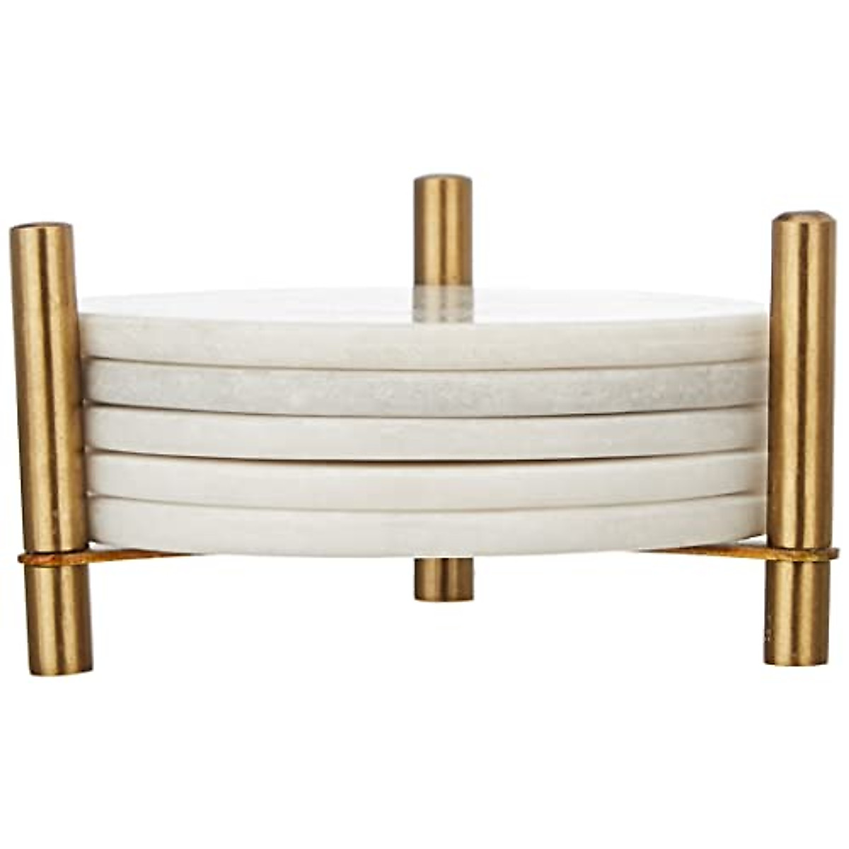 Queenza Marble Coasters for Drinks, Set of 6 Coasters with Holder, Pearl White Marble Coasters 3.5 Inch Wide 5 mm Thick Gold Coasters For Drinks, Both Side Polish For Scratch Free Surface Coaster Set