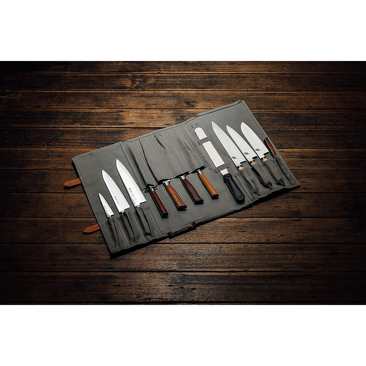 Sunday X Best Heavy Duty Waxed Canvas Chef Knife Roll Bag - Holds & Protects up to 12 Knives - Zipper Pocket for Utensil Storage - Perfect Knife Bag for Chefs on the Go (Stone Grey)