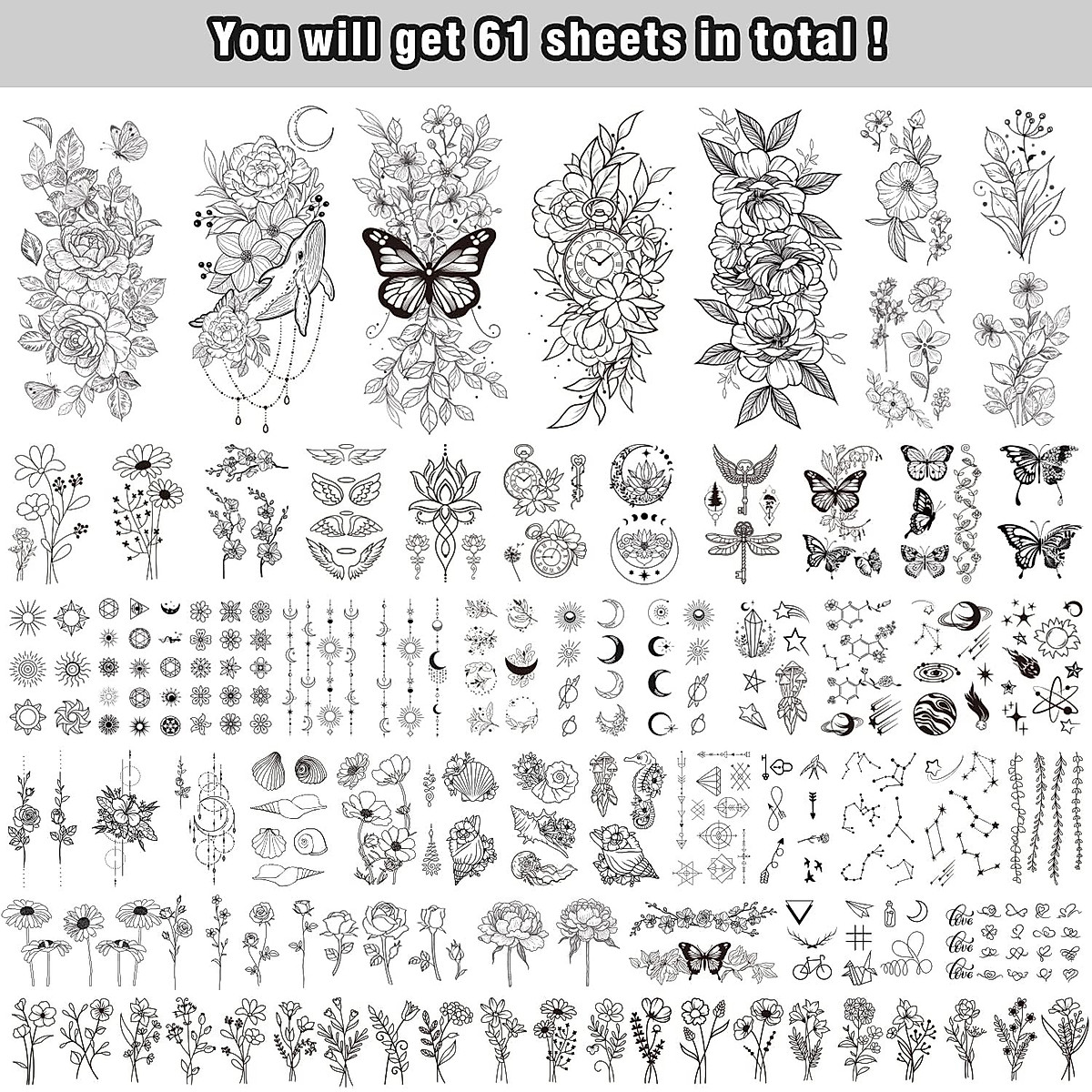 Celaza 61 Sheets Sexy Tiny Flowers Temporary Tattoos for Women Girls, 275 Styles Fake Tattoos Stickers, Black Henna Tattoo for Adult Long Lasting Realistic
