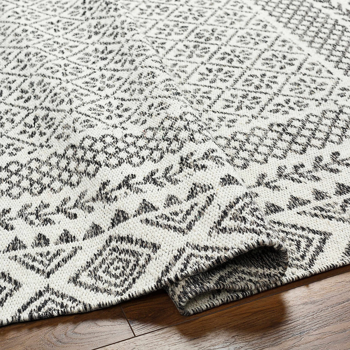 Hauteloom Hulda Wool Living Room, Bedroom Area Rug - Bordered - Boho, Bohemian Carpet - Modern Farmhouse - Gray, Black, White - 8' x 10'