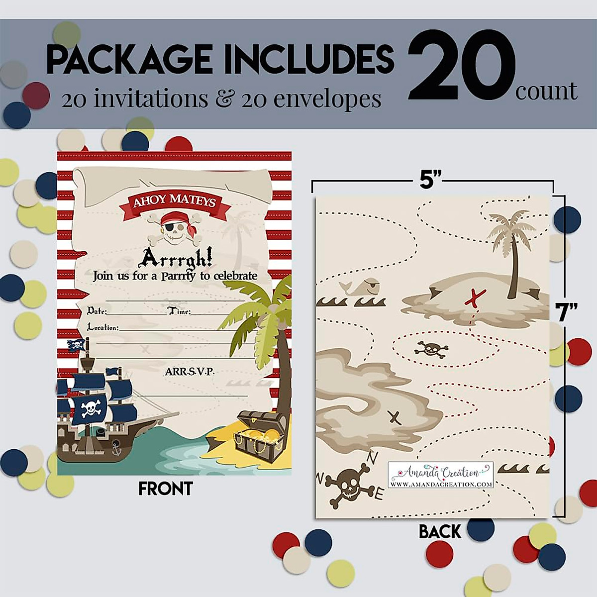 Amanda Creation Pirate Treasure Map Birthday Party Fill in Invitations set of 20 with envelopes