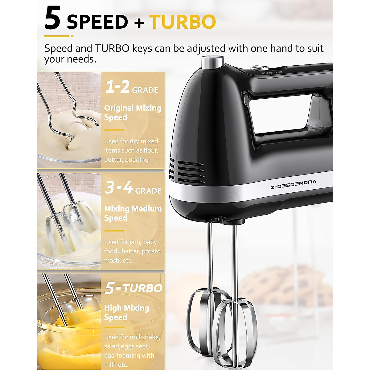 Z-DESDEMONA Electric Hand Mixer, Powerful 300W Hand Mixer Electric Handheld with 304 Beaters, Dough Hook,Hand Held Mixer with Turbo for Baking Cakes, Eggs, Cream Food(Black)