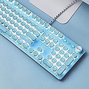 Basaltech Blue Mechanical Gaming Keyboard, Retro Steampunk Vintage Typewriter-Style Keyboard with LED Backlit, 104-Key Anti-Ghosting Blue Switch Wired USB Metal Panel Round Keycaps (Blue-SK)