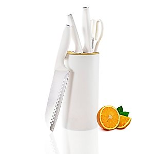 Kitchen Knife Set, 5PCS Stainless Steel Knife Set with Block, High Carbon White Kitchen Knife Set with Ergonomic Handle for Chopping Slicing Dicing Cutting Paring (White)