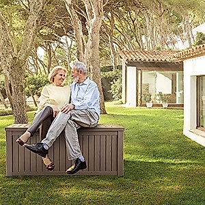 JUMMICO 150 Gallon Resin Deck Box Larage Outdoor Storage Box Waterproof UV Resistant Lockable Storage Container for Patio Furniture, Toys, Cushions, Garden Tools (Yellow)