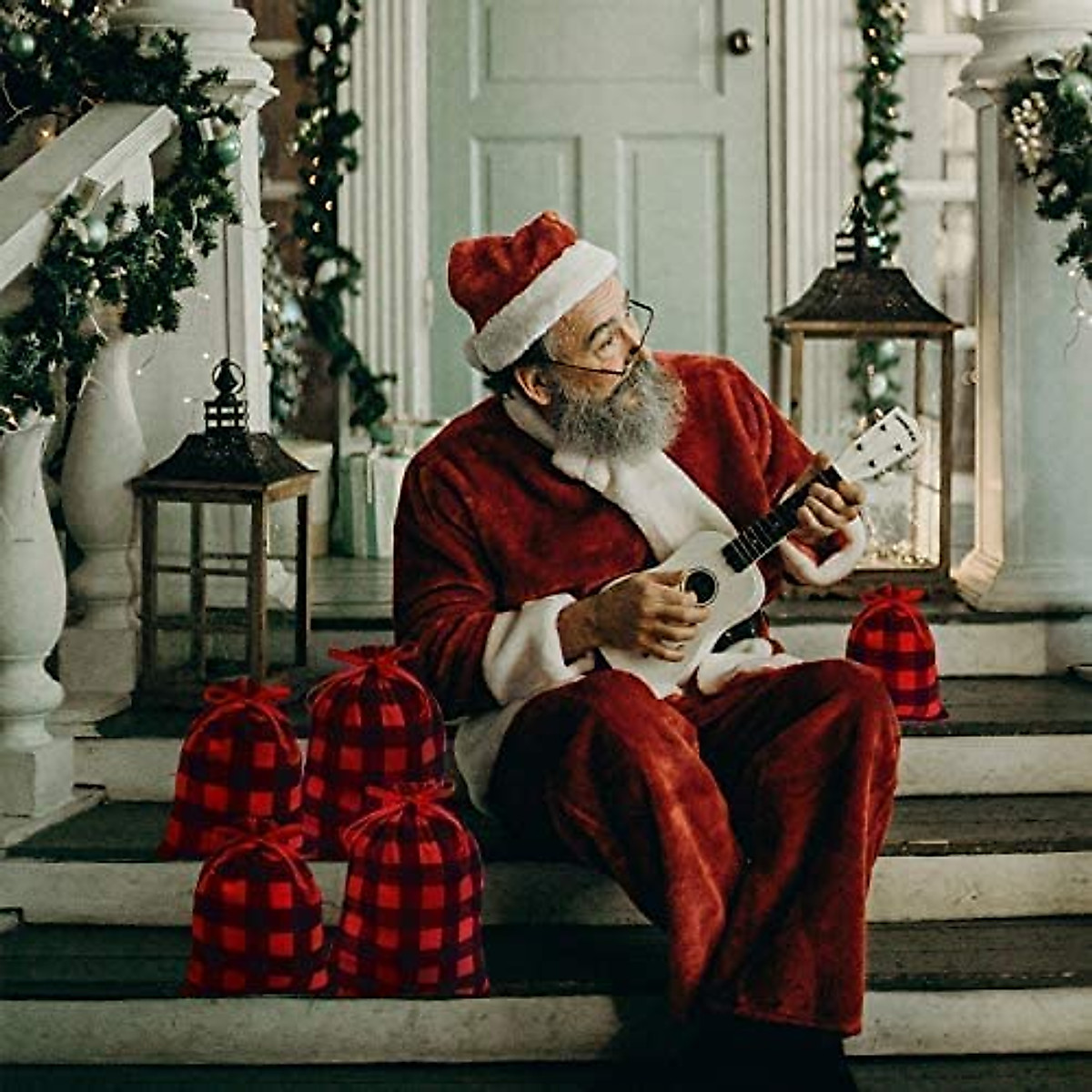 Halatool 8 Pack Red Buffalo Plaid Christmas Bags with Ribbon Durable Drawstring Bag Storage Sack for Xmas Tree Accessories Candy Presents Wrapping Supplies