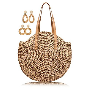 COOKOOKY Straw Beach Bag Summer Handmade Woven Shoulder Tote Bags Purse for Women (Round Khaki Bag and Rattan Earrings)