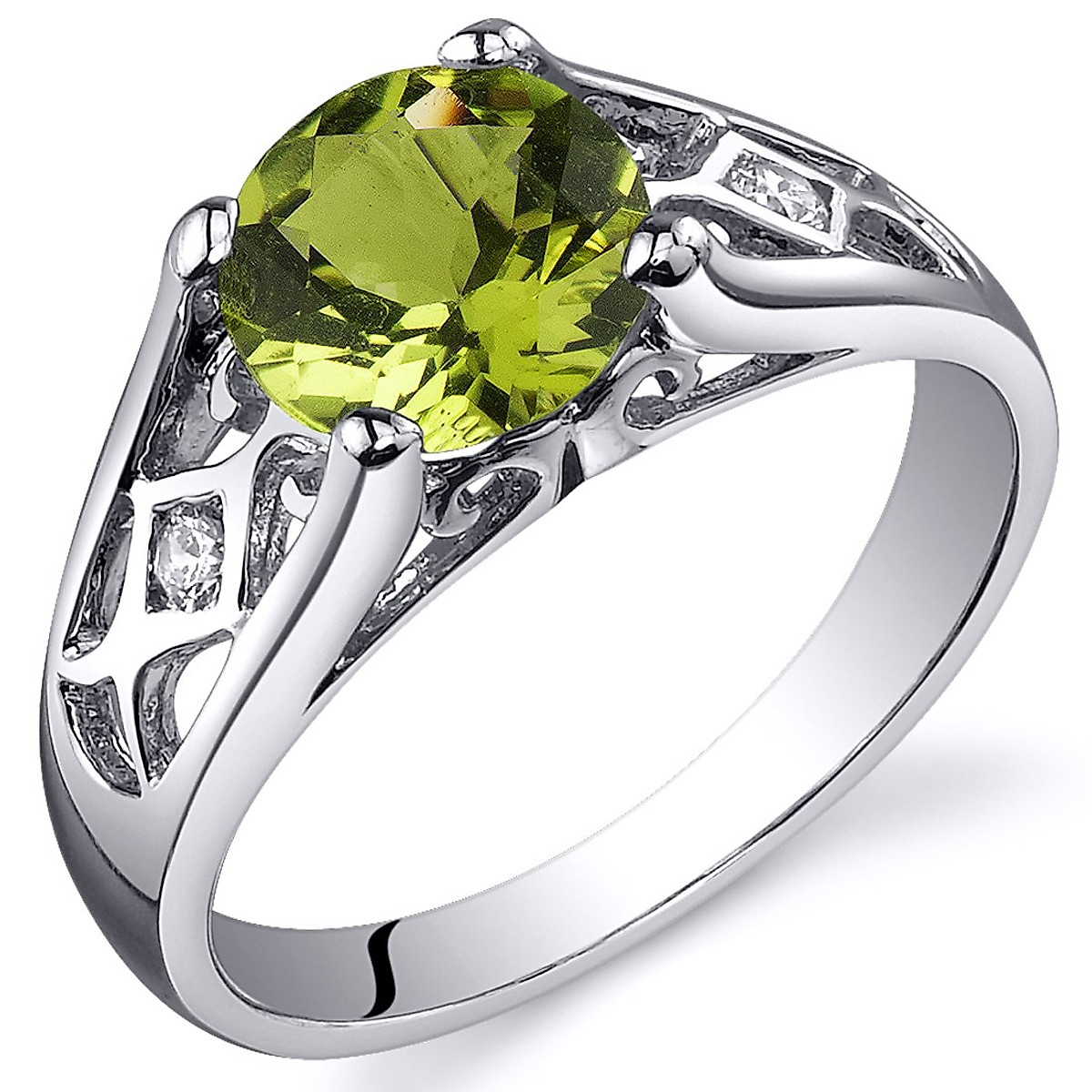 PEORA Genuine Peridot Ring for Women 925 Sterling Silver, 1.25 Carats Round Shape, Cathedral Style Solitaire, Size 8