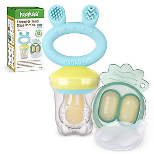 Haakaa Baby Fruit Food Feeder & Mini Freezer Nibble Tray Combo, Breastmilk Popsicle Molds for Baby Cooling Relief, BPA Free Silicone Feeder for Safe Infant Self Feeding, 4 Month+ (Blue)