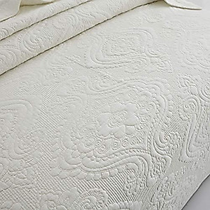 Brandream 6PC Luxury Comforter Sets Queen Size Cotton Quilt Set Cream White Bedspread Coverlet Set Damask Embroidery