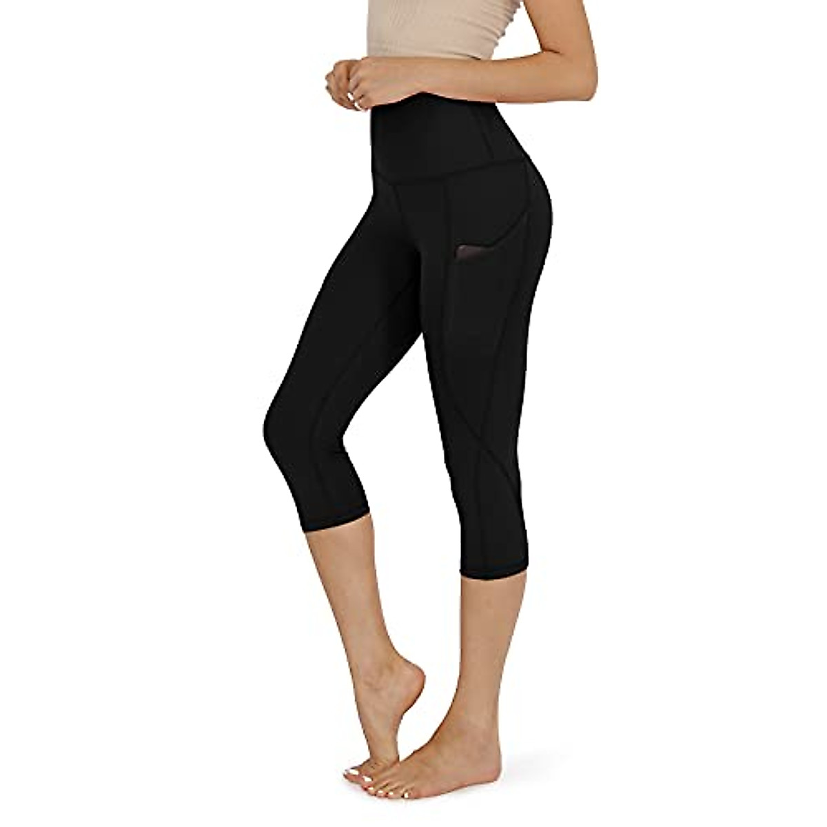 ODODOS Women's High Waisted Yoga Capris with Pockets,Tummy Control Non See Through Workout Sports Running Capri Leggings, Black,Medium