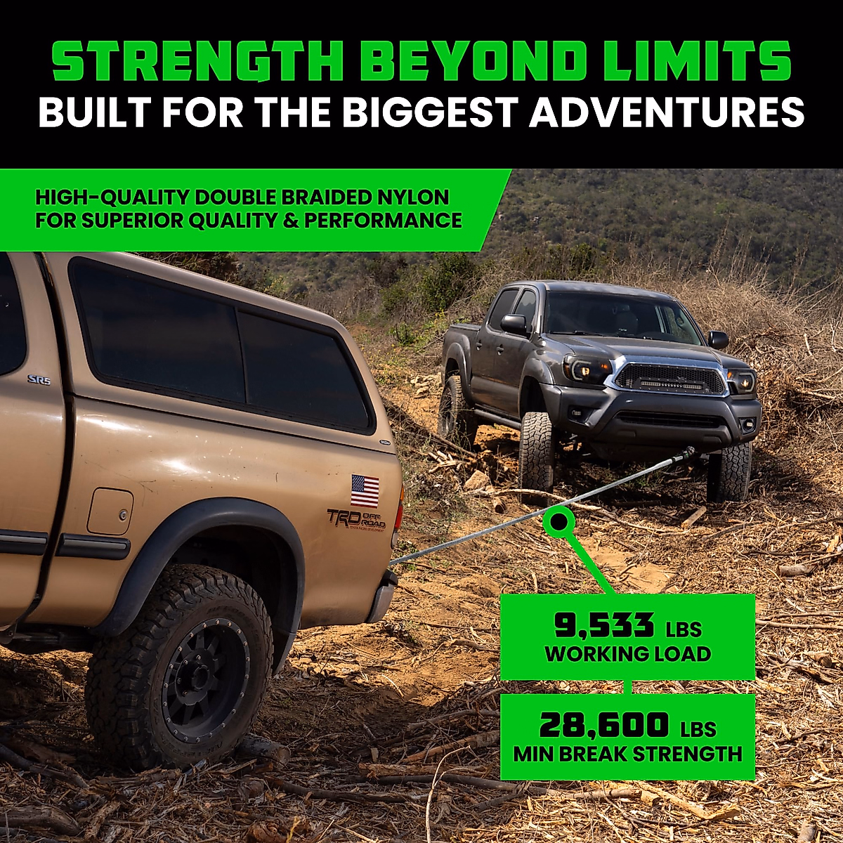 Rhino USA Kinetic Recovery Tow Rope Heavy Duty Offroad Snatch Strap for UTV, ATV, Truck, Car, Tractor - Ultimate Elastic Straps Towing Gear - Guaranteed for Life! (7/8" x 20' Gray)