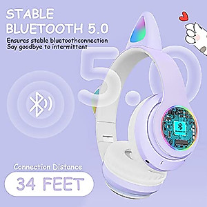 AXFEE Kids Headphones, Cat Ear Kids Bluetooth Headphones, LED Light Up Over Ear Kids Wireless Headphones with HD Stereo Sound 105dB Volume Limited, Foldable Over-Ear Headphone for PC/Pad/School-Purple