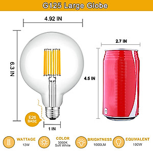 CRLight 12W Dimmable LED Large Globe Bulb 100W Equivalent 1000LM, 3000K Soft White, E26 Antique Edison G125 Large Clear LED Filament Light Bulbs, Smooth Dimming Version