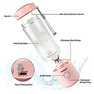 Modquen Portable Blender, 14 oz Personal Size Blender for Shakes and Smoothies, 220 Watt BPA-Free Mini Blender Cup, USB Rechargeable Cordless Blenders (Pink)