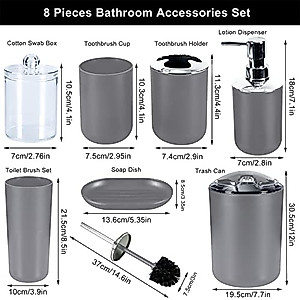 Grey Bathroom Accessories Set 8 Piece,Toothbrush Holder Cup Soap Dish Lotion or Soap Dispenser Trash can Toilet Brush Holder Cotton Swab Box Bath Set for Decorative Countertop and Housewarming Gift