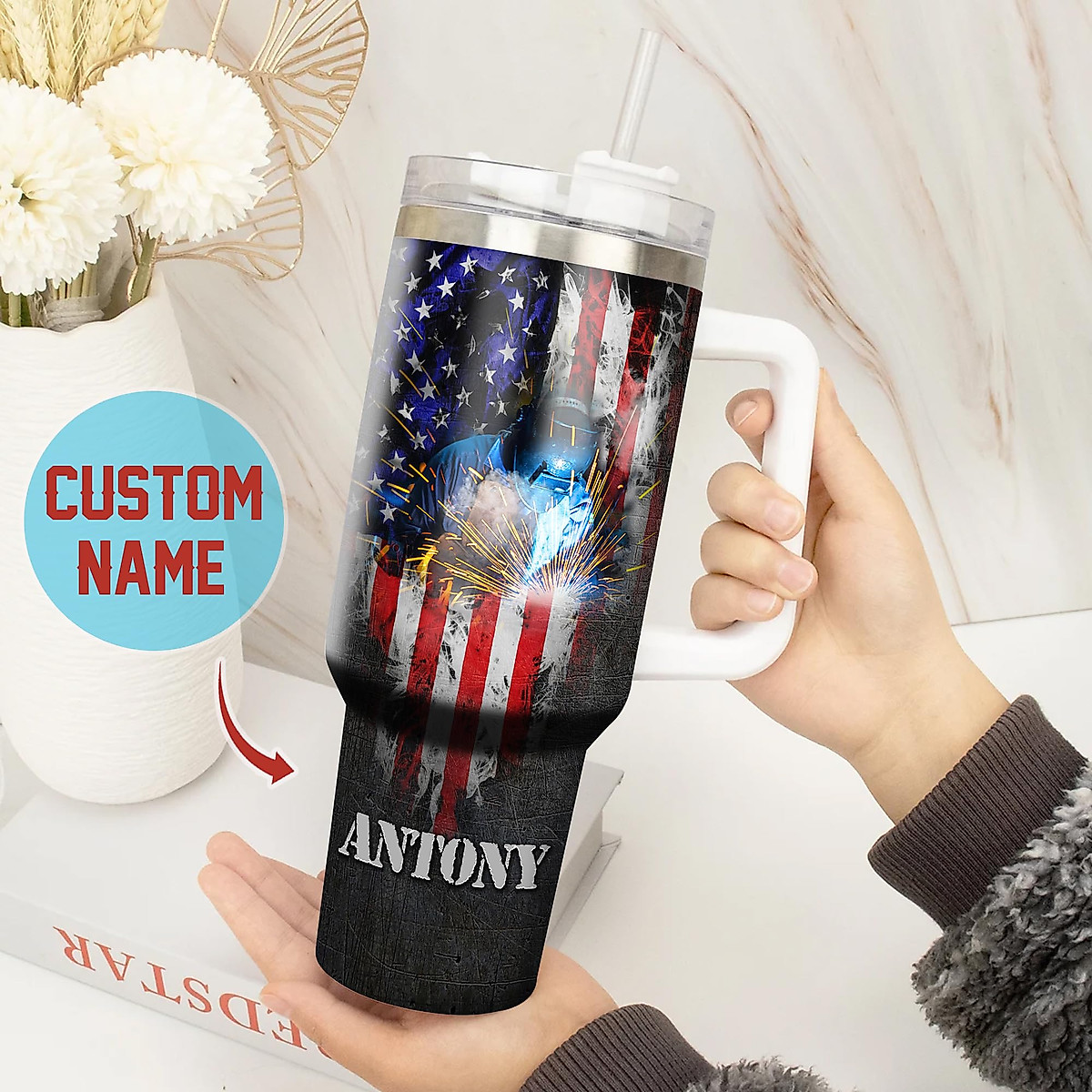 WAZONE Personalized Welder Tumbler Nutrition Facts Tumbler 40oz with Handle and Straw Stainless Steel American Flag Pride Gifts Birthday Christmas Fathers Day for Men Welders Women Dad Grandpa