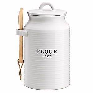 Barnyard Designs Flour Canister for Kitchen Counter, Decorative Ceramic Flour Container, Rustic Farmhouse Canister Jar, White