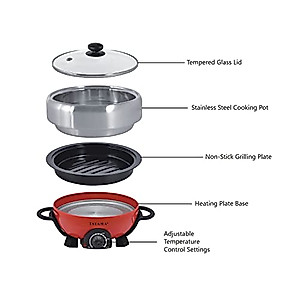 Tayama TRMC-40RS Shabu and Grill 3 Qt. Red Electric Multi-Cooker with Stainless Steel Pot
