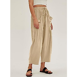 Beaully Women's Linen Pants Casual Loose High Waist Drawstring Wide Leg Capri Pants Trousers with Pockets 6094 Apricot Medium