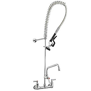 Aquaterior Upgraded Pre-Rinse Commercial Kitchen Faucet with Sprayer 44" Height Wall Mount Double Handle with Add-On 12" Rotatable Spout Pull Down for 2/3 Compartment Sink CUPC NSF CEC