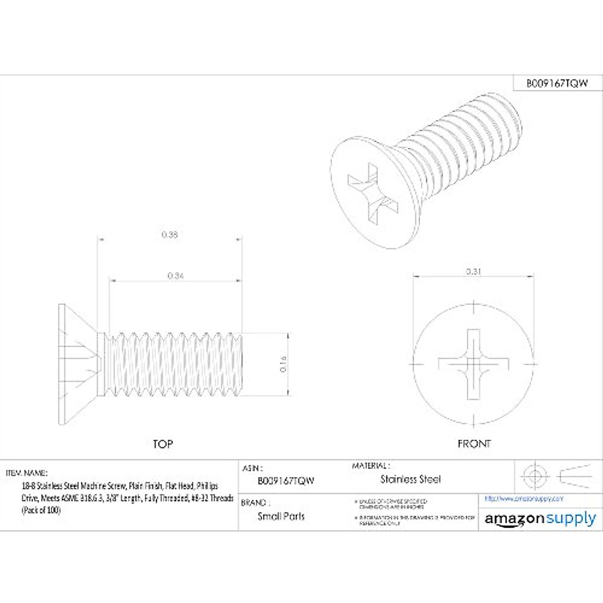 Small Parts 18-8 Stainless Steel Machine Screw, Plain Finish, Flat Head, Phillips Drive, Meets ASME B18.6.3, 5/16" Length, Fully Threaded, #4-40 UNC Threads (Pack of 100)