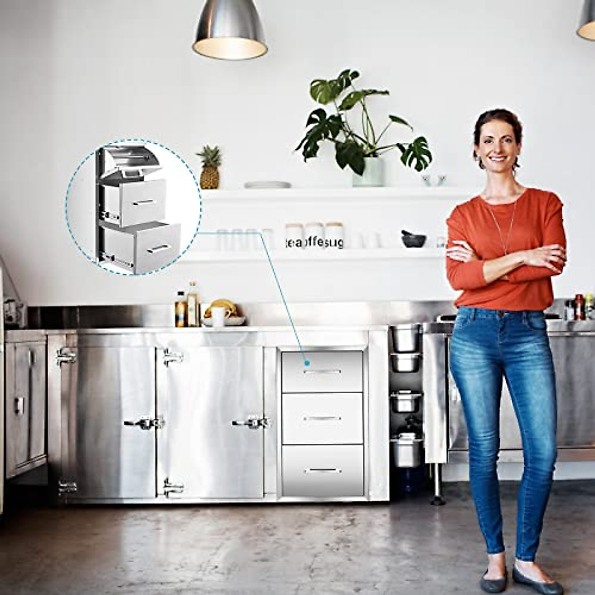 ARTYUIO Outdoor Kitchen Drawers Stainless Steel 17W x 30H x 21D Inch BBQ Storage Cabinets Drawers with Handles, Flush Mount Double Drawers,1 Paper Towel Holder for Outdoor Kitchen