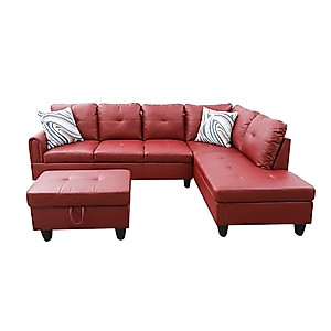 NOTOP 3-Piece Faux Leather L-Shaped Sectional Sofas, Button Tufted Upholstered Couch Set with Right Chaise Longue and Storage Ottoman, for Living Room, Home, Office, Red