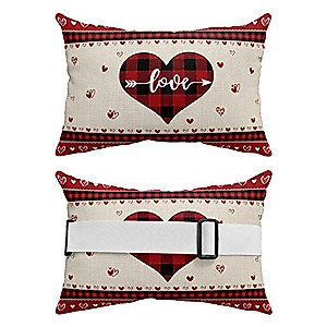 Recliner Head Pillow Ledge Loungers Chair Pillows with Insert Love Heart Black and Red Buffalo Plaid Lumbar Pillow with Adjustable Strap Outdoor Waterproof Patio Pillows for Beach Pool Chair, 2 PCS