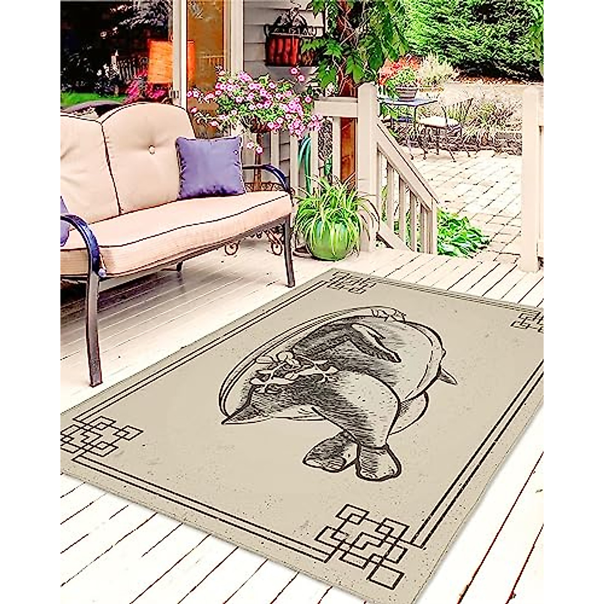 Indoor/Outdoor Area Rug Thanksgiving Turkey Retro Lines Border Carpet for Patio/Backyard/Porch/Deck, Sketch Black Food Camping RV Rugs Mat Water Absorb Non-Shedding Home Floor Pad-4'x6'