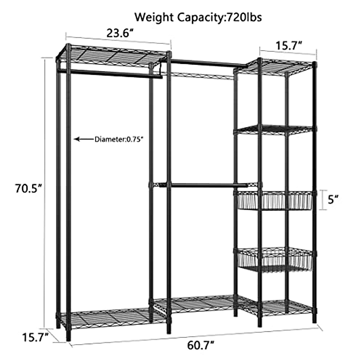 Xiofio 6 Tiers Heavy Duty Garment Rack,Metal Clothing Rack,Clothing Storage Rack,Closet Organizer System Freestanding & Adjustable Wardrobe 60.7" L x 15.7" W x 70.5" H Max Load 720LBS Black