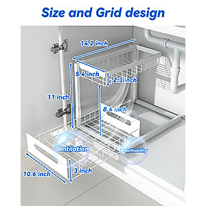 Merrylun Under Sink Organizers, 2 Pack Metal Pull Out Under Sink Organizers and Storage Shelves with Sliding Drawer, Under Sink Storage for Kitchen, Bathroom, White, 2 Pack…