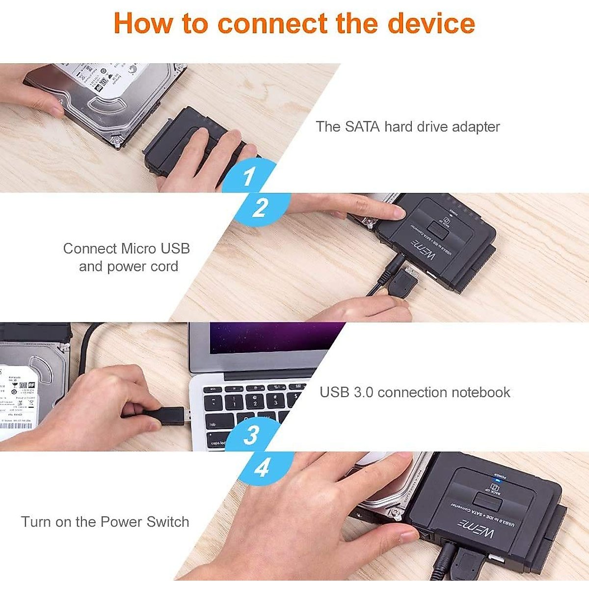 WEme USB 3.0 to SATA/IDE Adapter with Universal 2.5/3.5 Hard Drive Disk Converter for HDD/SSD & IDE HDD Support 6TB and One-Touch Backup Include 12V 2A Power Adapter + USB 3.0 Cable for Laptop