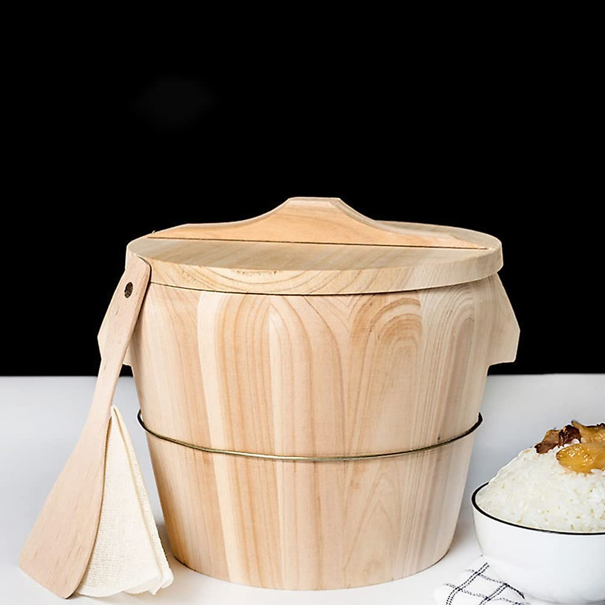 Cabilock 1 Set Wooden Rice Bowl Bucket Wooden Steamed Rice Barrel Handmade Cooking Rice Barrel with Stearmer Liner Lid and Rice Paddle for Home Chinese Restaurant Wood Color