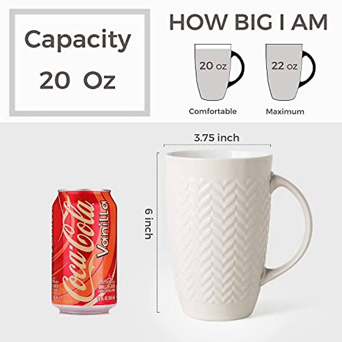 AmorArc Extra Large Coffee Mugs Set of 6, 22oz Ceramic Tall Coffee Mugs Set with Textured Geometric Patterns for Coffee/Tea/Beer/Hot Cocoa, Dishwasher & Microwave Safe,Beige