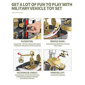 Siairo Construction Toy Construction Vehicles Trucks, Car Track Toy, Vehicle Playsets with Race Track, Excavator Crane Bulldozer Helicopter Toy for Boys Toddlers Kids (Military Theme)