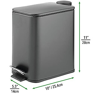 mDesign Slim Metal Rectangle 1.3 Gallon Trash Can with Step Pedal, Easy-Close Lid, Removable Liner - Narrow Wastebasket Garbage Container Bin for Bathroom, Bedroom, Kitchen, Office - Charcoal Gray