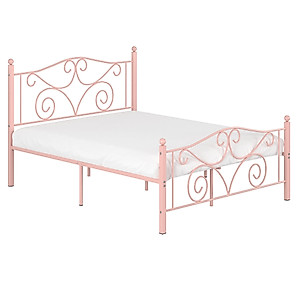 VECELO Twin Size Bed Frame with Headboard and Footboard, Heavy Duty Metal Slat Support, Platform Mattress Foundation, No Box Spring Needed, Easy Assembly, Light Pink