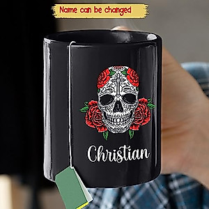 Esezon Name Mug, Skull Cup, Personalized Red Rose And Skull Coffee Mug, Gifts For Halloween, Skull Floral Ceramic Mug, Customized Skull Floral Cup Gifts For Him Her With Name, Black Cup 11oz or 15oz