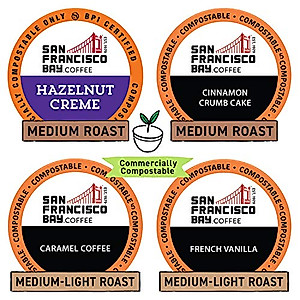 San Francisco Bay Compostable Coffee Pods - Variety Pack Flavored (40 Ct) K Cup Compatible including Keurig 2.0, Hazelnut, Cinnamon, Caramel, Vanilla Flavored Coffee