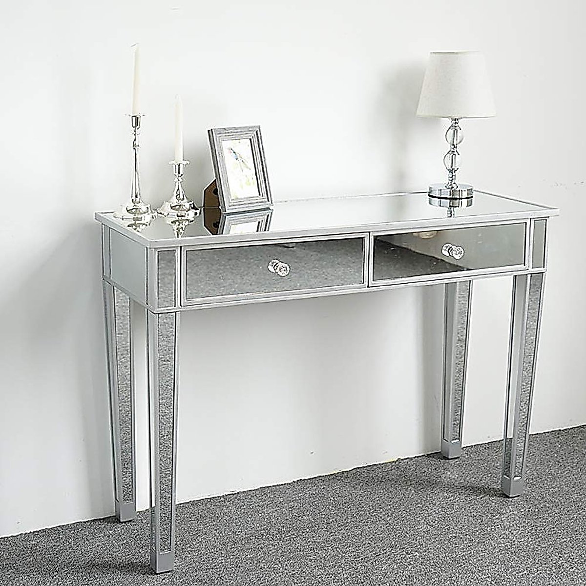 HomVent Mirrored Makeup Vanity Table for Women, Home Office Smooth Silver Finish Mirrored Console Table Writing Desk Mirrored Table Desk Modern Media Console Table with Drawers (2 Drawers)