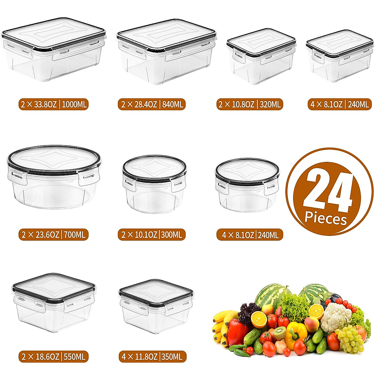 PRAKI 48 Pack Food Storage Containers with Airtight Lids (24 Containers & 24 Lids), Kitchen storage containers for Pantry Organizers and Storage, BPA-Free Meal Prep Container with Labels & Marker