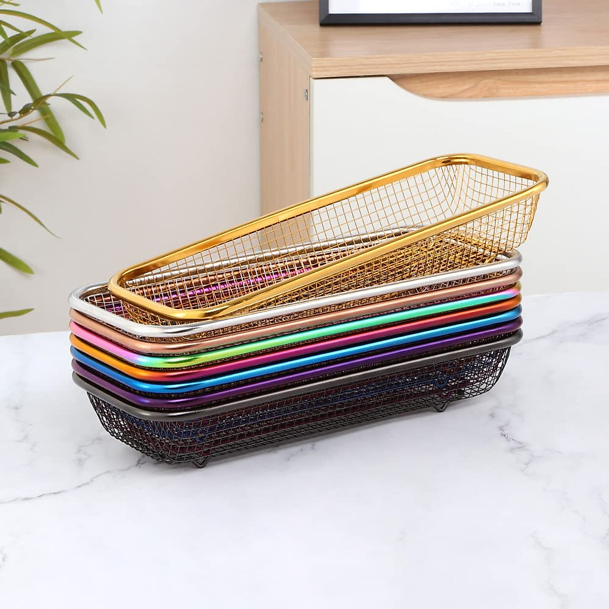 BYEGOU Silverware Drawer Organizer, Rainbow Mesh Kitchen Drawer Organizers, Iridescent Stackable Storage Basket Metal Utensil Holder for Flatware, 12.5"x5"x2.5", Pack of 2