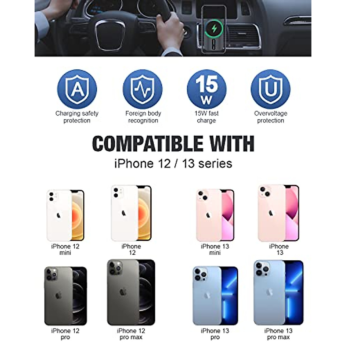 Magnetic Wireless Charger with QC3.O car Adapter WAITIEE Car Charger Mount for iPhone 14/13/12 Series with Air Vent Phone Holder 360° Adjustable Fast Car Charging