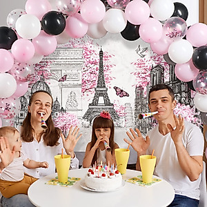 76 Pcs Paris Party Supplies Set Pink Paris Theme Party Decoration Eiffel Tower Party Backdrop White Pink Black Balloon Arch Garland Kit for Kid Boy Girl Birthday Decoration
